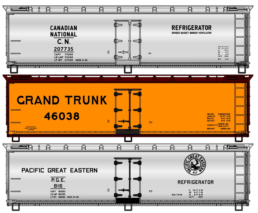 8180 Wood Reefer 3-Car Set CN, GT, PGE – Accurail Inc
